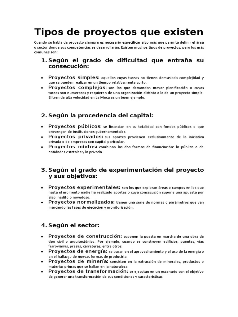 Tipos de Proyectos Que Existen y Caracteristicas | PDF | Industrias ...