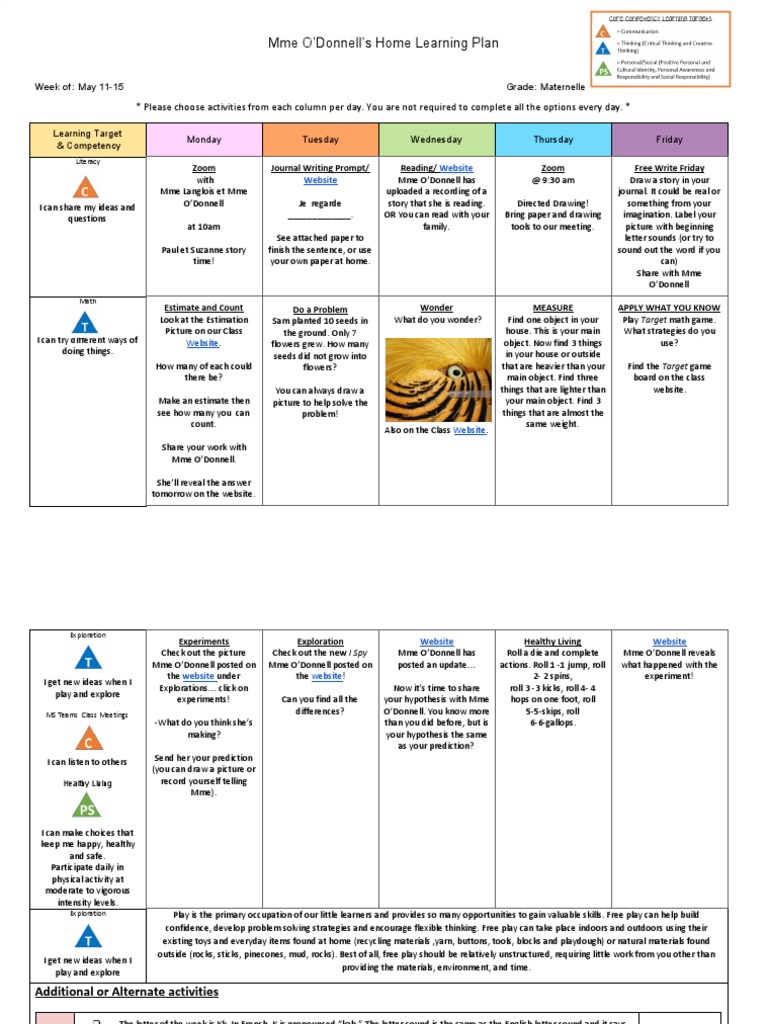 Mme O'Donnell's Home Learning Plan | PDF | Letter Case | Cognition