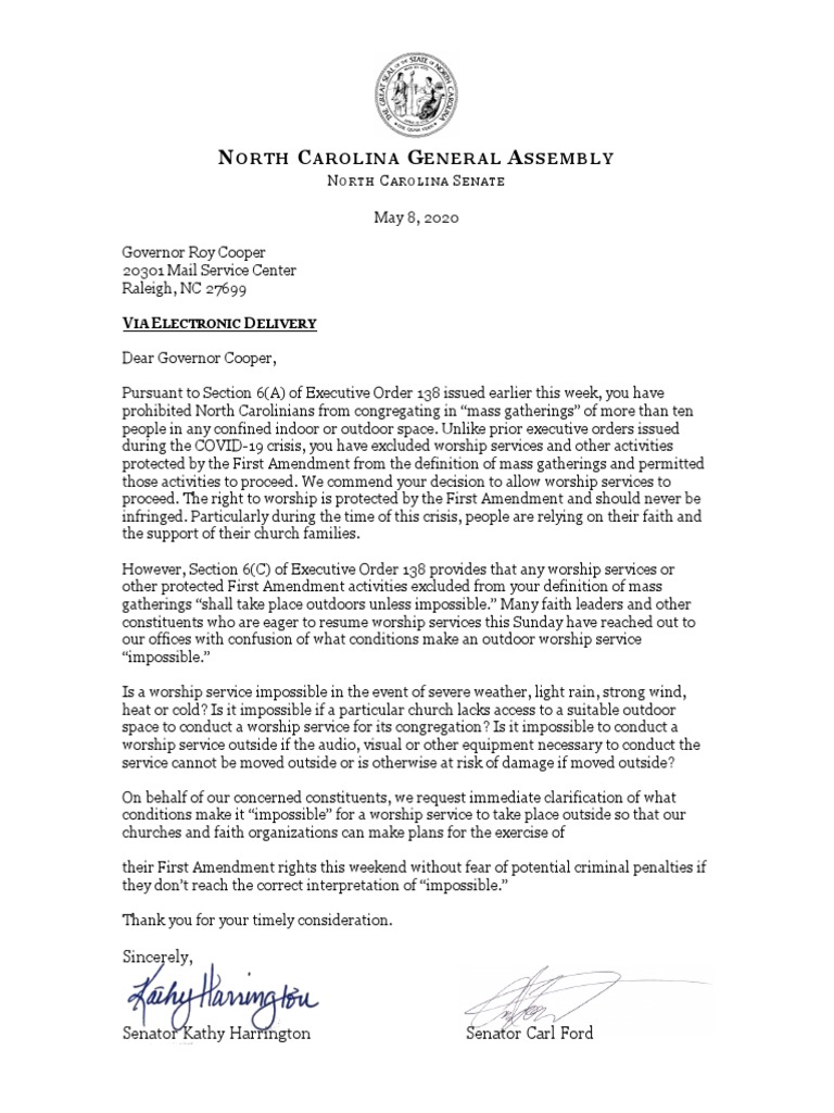 Letter To Gov Cooper Re Churches | Download Free PDF | United States ...