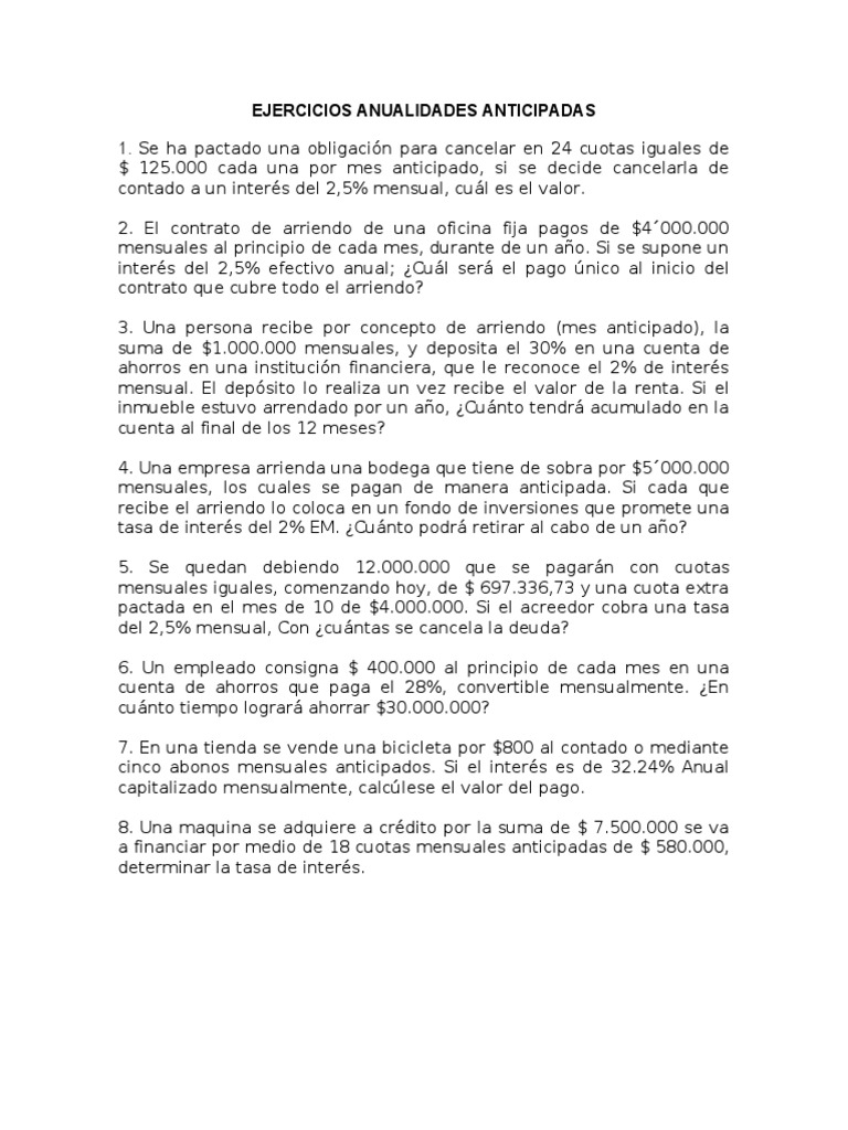 Ejercicios Anualidades Anticipadas | PDF