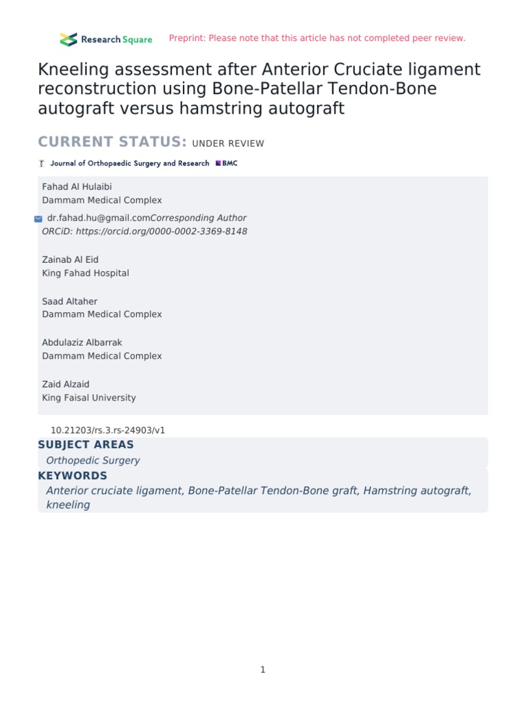 Kneeling Assessment After Anterior Cruciate Ligament Reconstruction Using Bone-Patellar Tendon ...