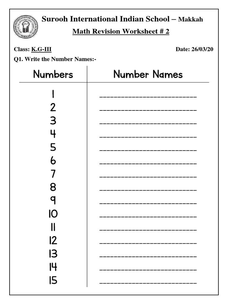 Surooh International Indian School - : Math Revision Worksheet # 2 | PDF