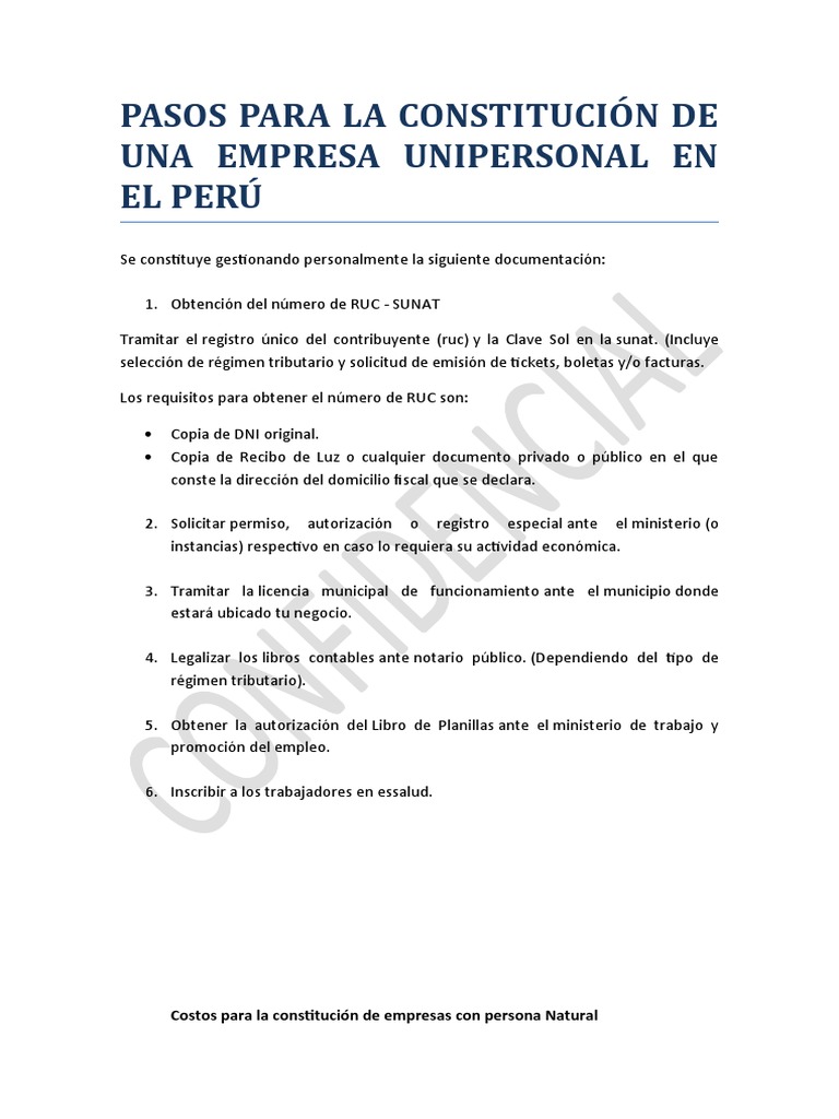 Pasos para La Constitución de Una Empresa Unipersonal en El Perú | PDF | Negocios | Finanzas y ...