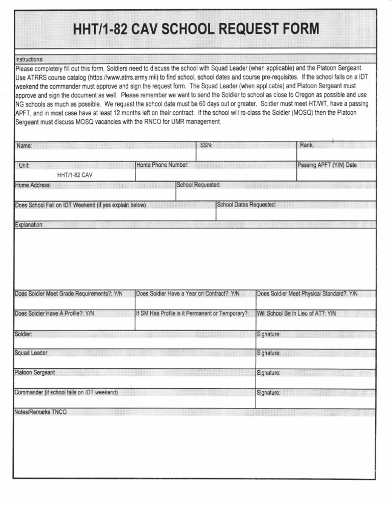 HHT 182 CAV Schools Request Form | Sergeant | Platoon | Free 30-day ...
