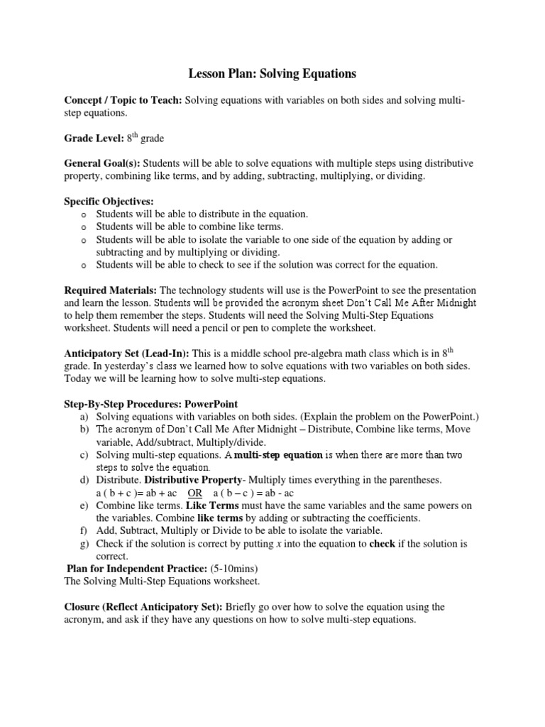 Maribel H Edu 214 Lesson Plan | PDF | Equations | Mathematical Concepts