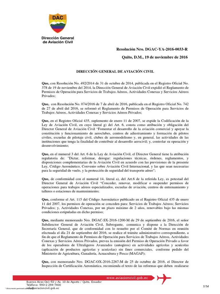 Resolucion - Dgac Ya 2016 0033 PDF | PDF | Ecuador | Aeronave