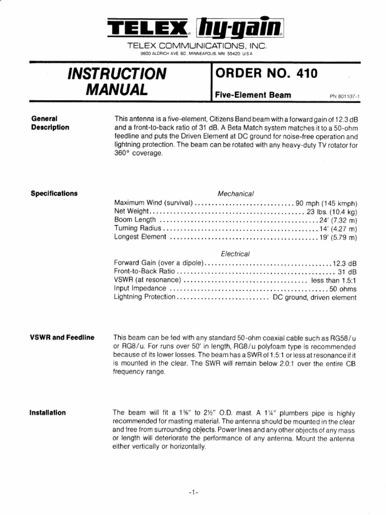 Hy-Gain 410 Five Element Beam | PDF | Coaxial Cable | Screw