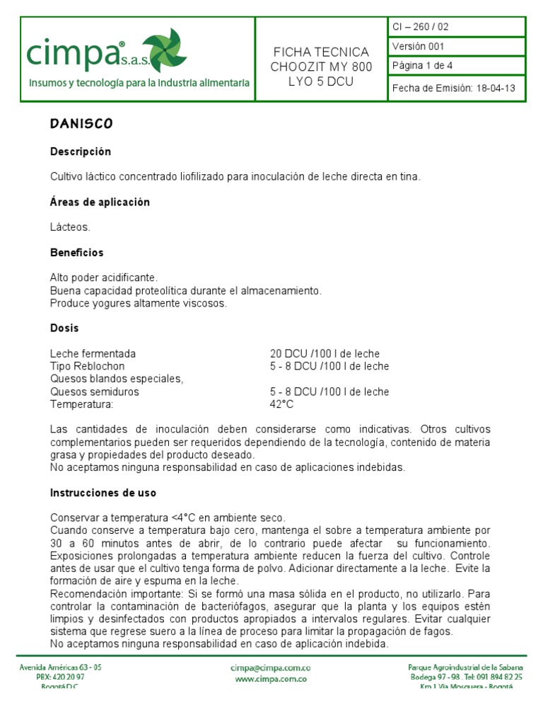 Ficha Tecnica CHOOZIT MY 800 LYO 5 DCU | PDF | Leche | Queso