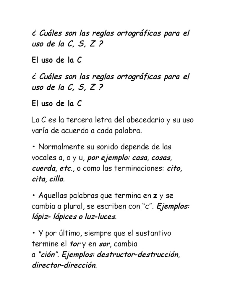 Cuáles Son Las Reglas Ortográficas para El Uso de La C S Z | PDF ...