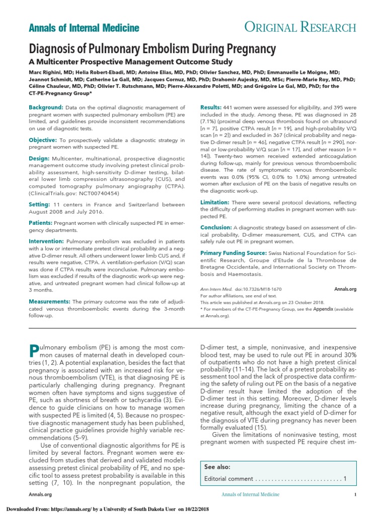 Diagnosis of Pulmonary Embolism During Pregnancy | PDF | Medicine ...