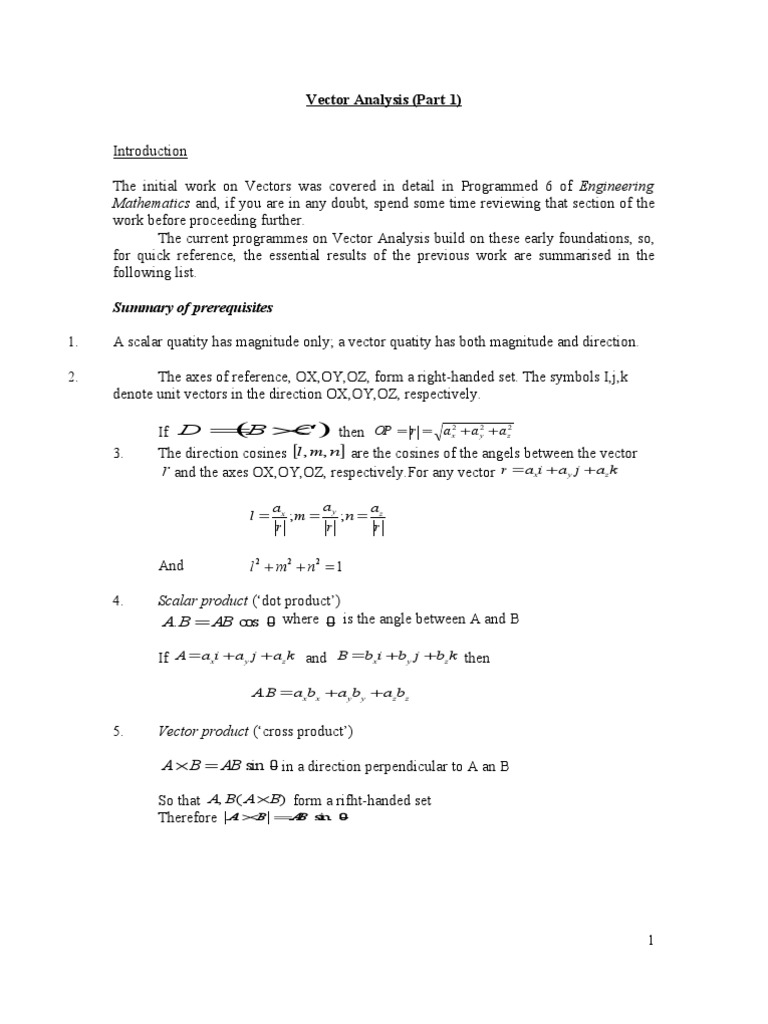 Vector Analysis (PART 1) | PDF | Euclidean Vector | Gradient