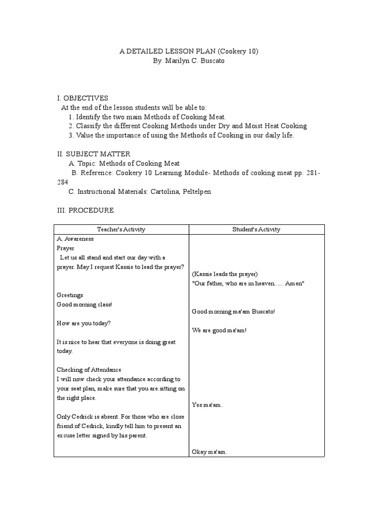 A Detailed Lesson Plan on Methods of Cooking Meat | PDF | Teaching ...
