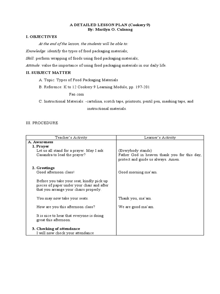 A Detailed Lesson Plan (Cookery 9) By: Marilyn O. Culanag I. Objectives ...
