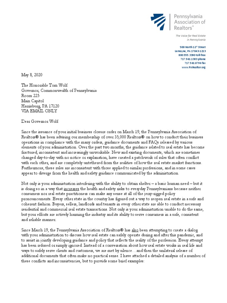 PAR Letter To Governor Tom Wolf | PDF | Real Estate Broker | Lease