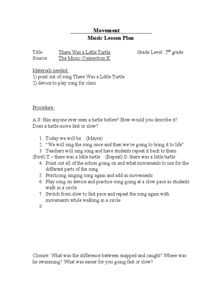 Music Lesson Plan: Movement | PDF | Neuropsychological Assessment ...