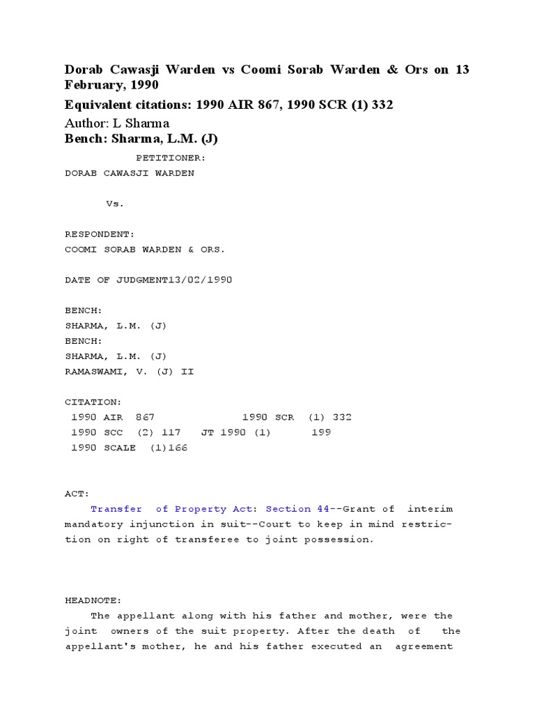Dorab Cawasji Warden Vs Coomi Sorab Warden | PDF | Injunction | Lawsuit