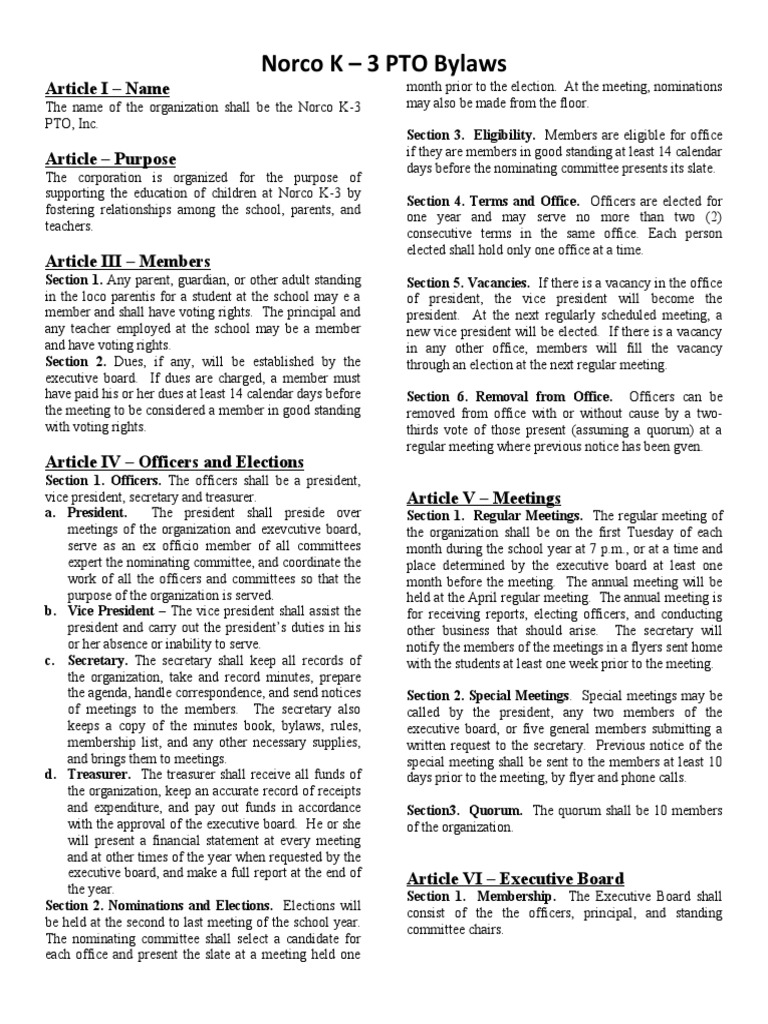 Pto Bylaws | PDF | Legal Documents | Board Of Directors