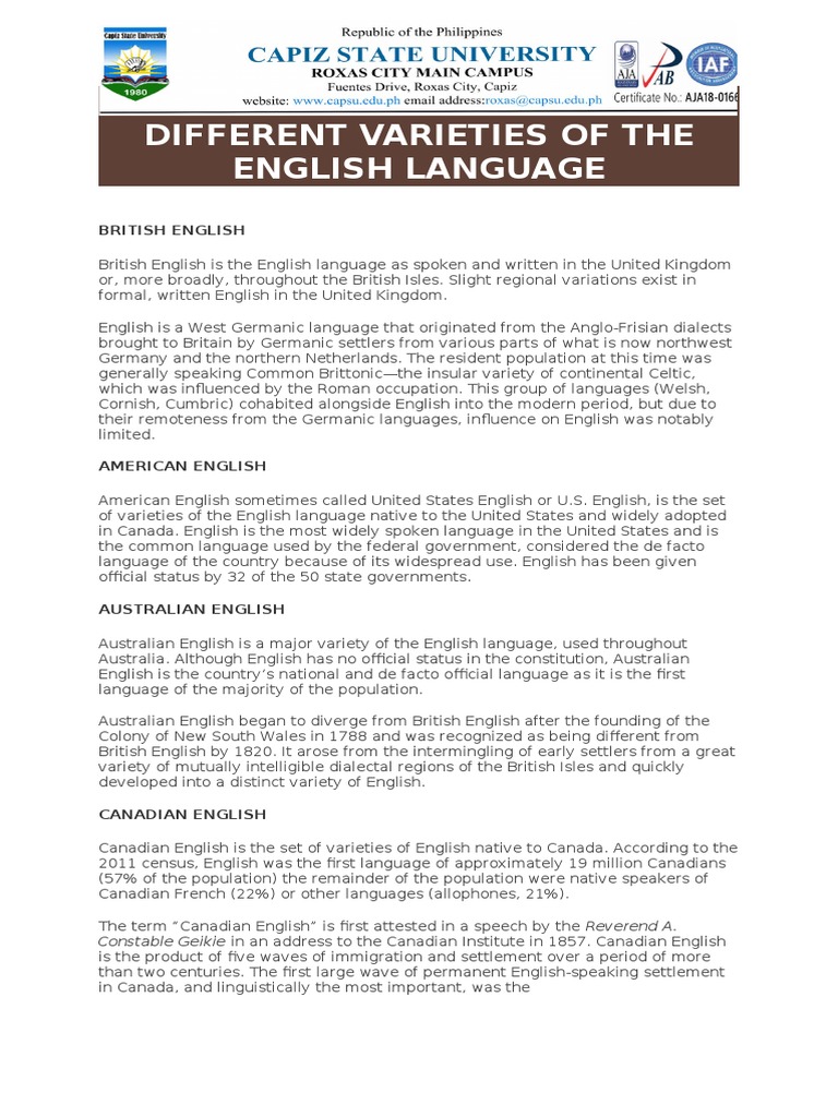 Different Varieties of The English Language | PDF | Lecturer | English ...