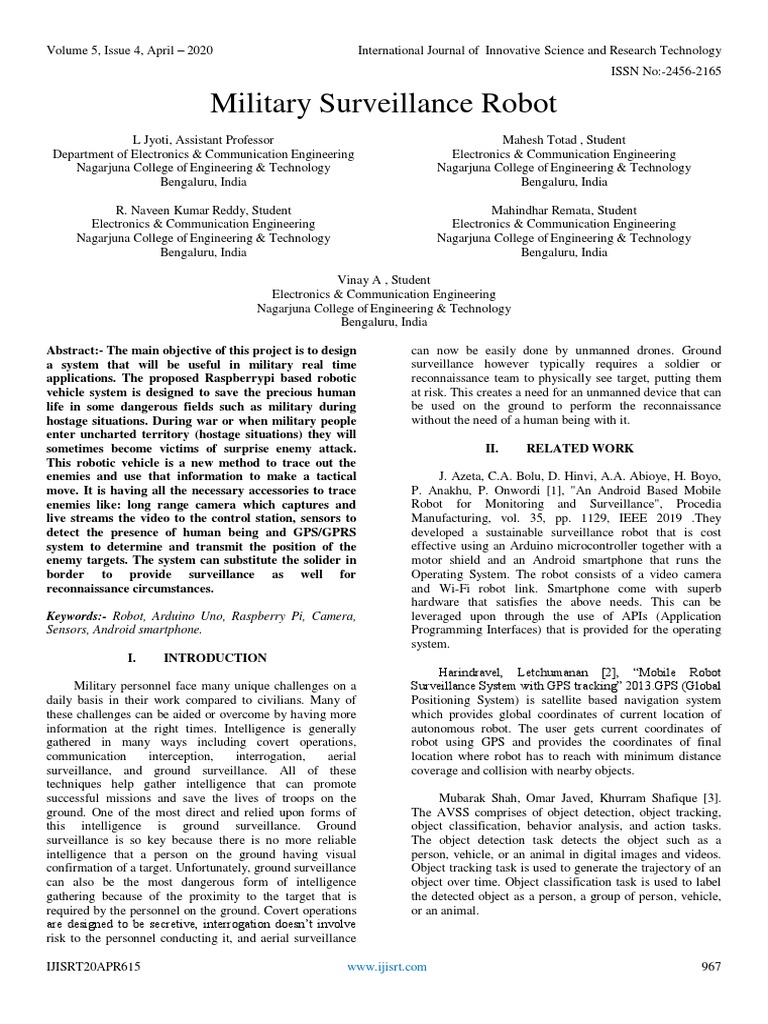 Military Surveillance Robot: Keywords:-Robot, Arduino Uno, Raspberry Pi ...