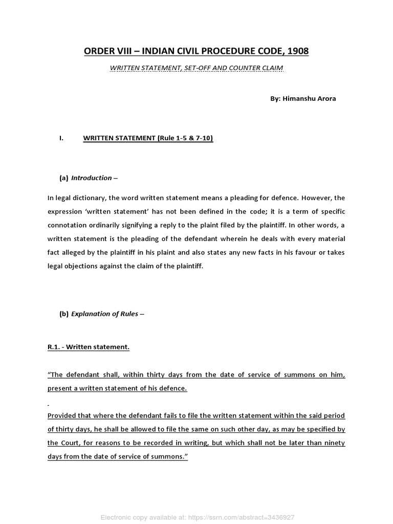Order Viii - Indian Civil Procedure Code, 1908: By: Himanshu Arora ...