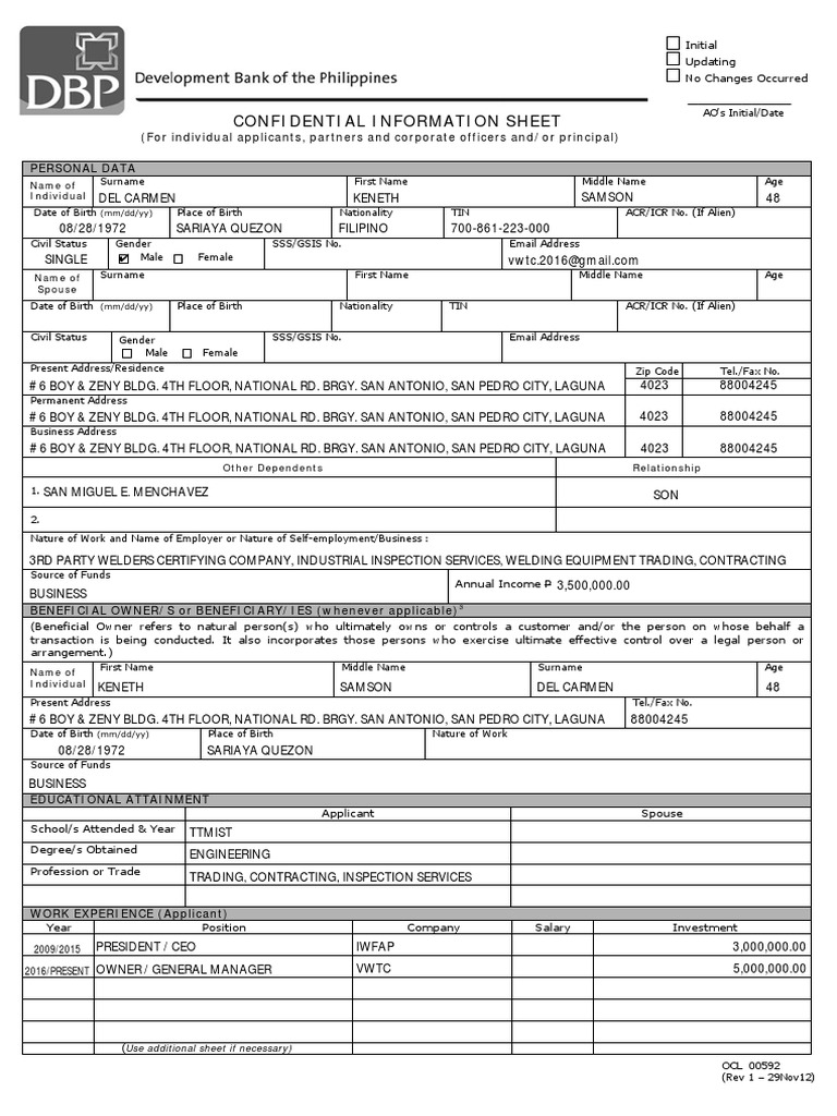 Confidential Info Sheet DBP LOAN FORM | PDF | Economies | Corporations