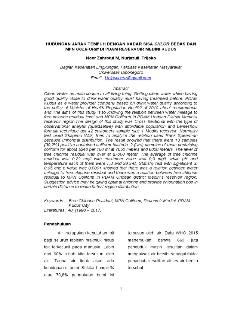 Hubungan Jarak Tempuh Dengan Kadar Sisa Chlor Bebas Dan MPN Coliform Di Pdam Reservoir Medini ...