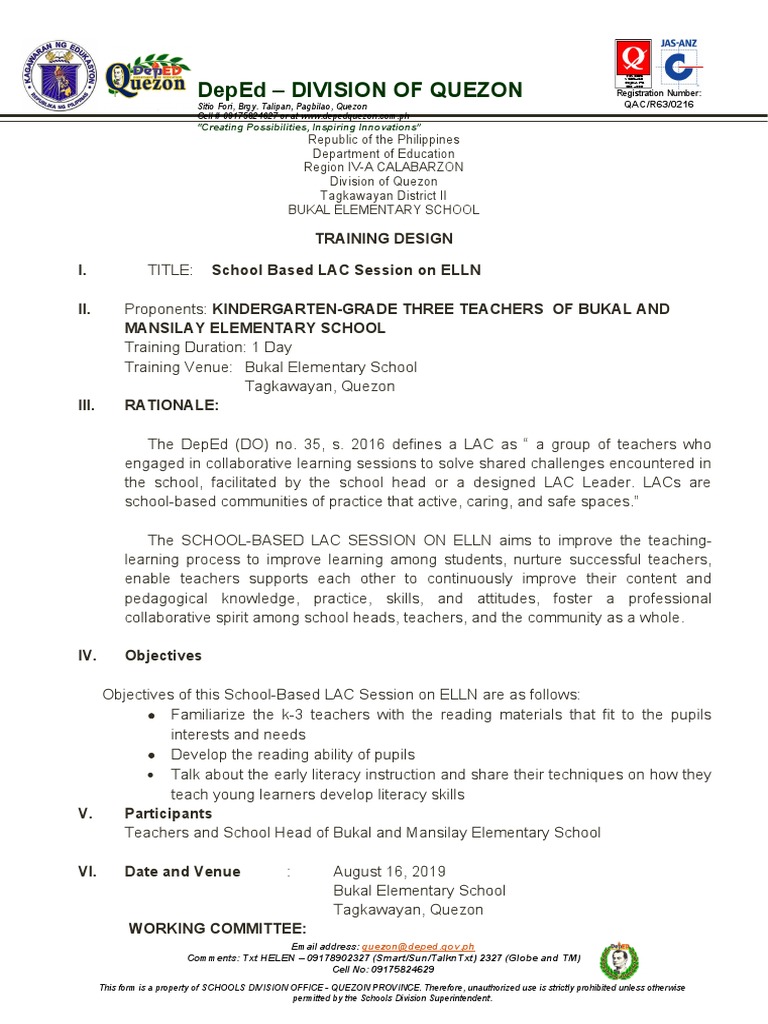 Deped - Division of Quezon: Training Design I. II. Mansilay Elementary ...