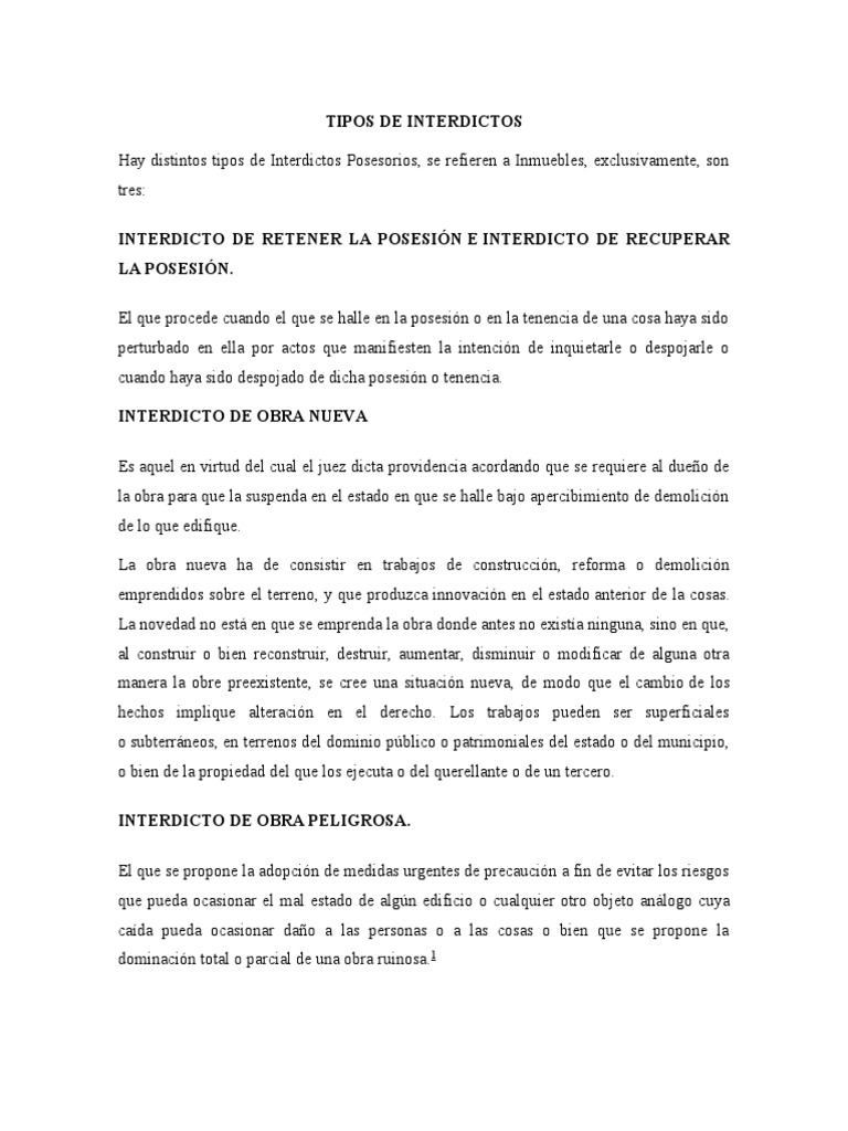 Tipos y procedimientos de los interdictos posesorios | PDF | Posesión ...
