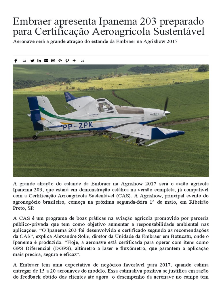 Embraer Apresenta Ipanema 203 Preparado para Certificação Aeroagrícola ...