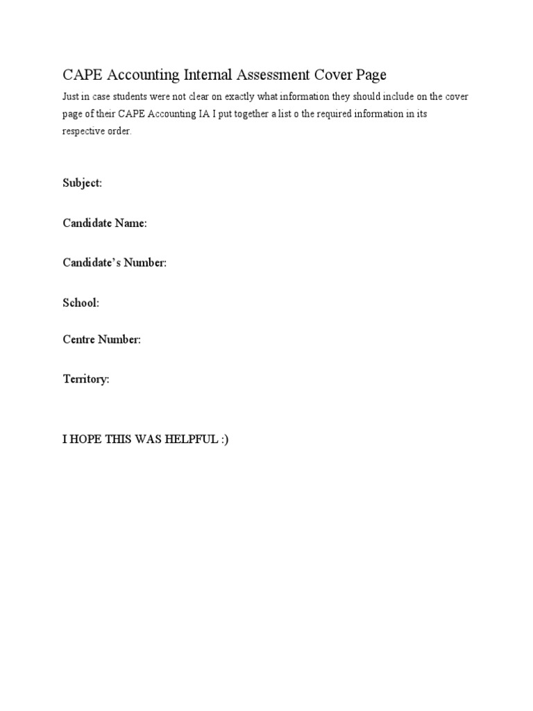 CAPE Accounting Internal Assessment Cover Page | PDF
