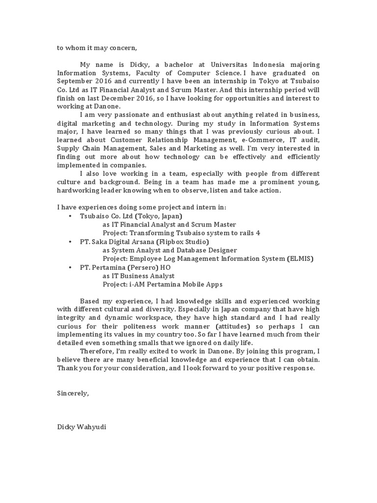 Cover Letter Danone PDF | PDF | Information System | Economies