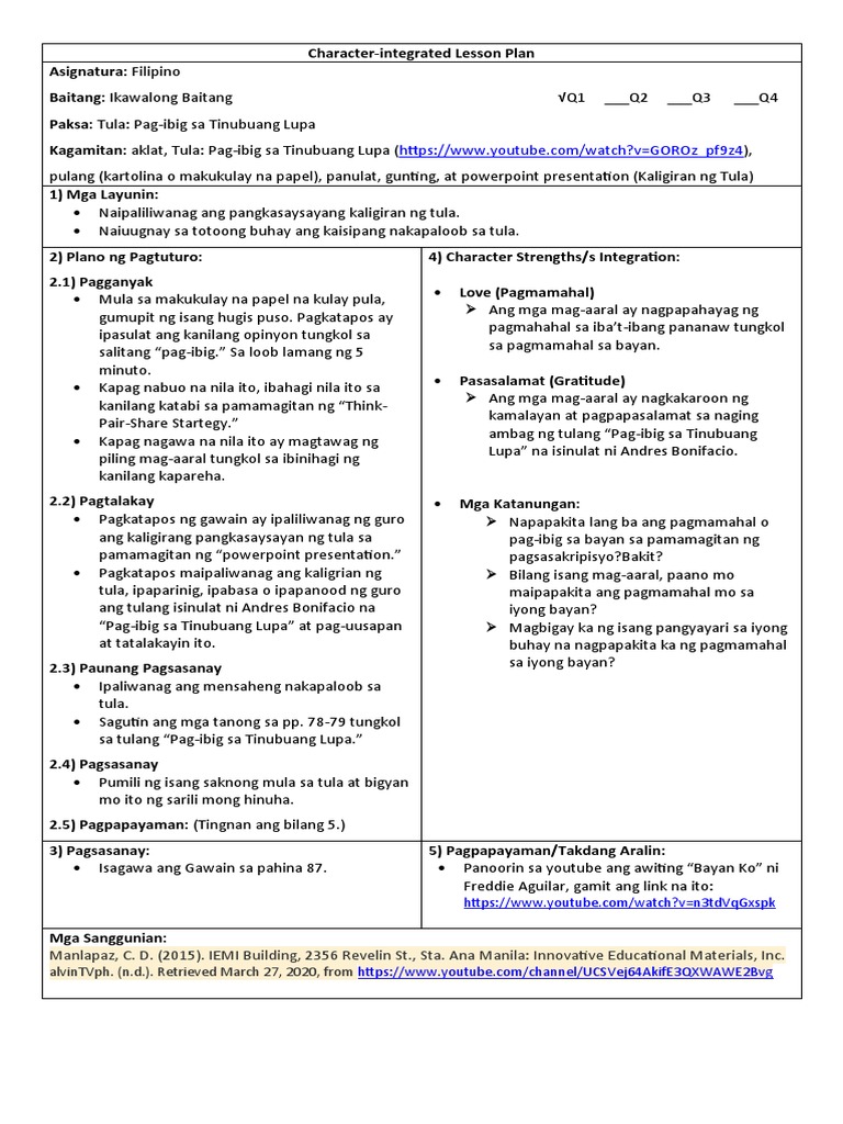 CHARACTER INTEGRATED LESSON PLAN in FILIPINO | PDF