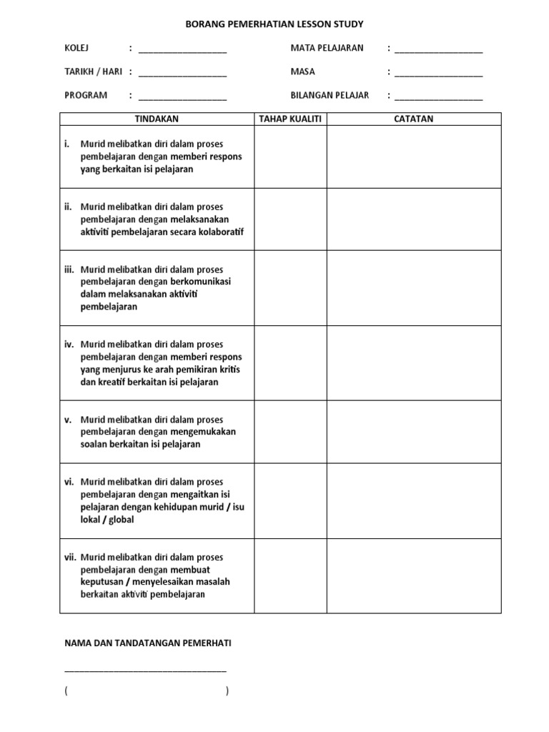Borang Pemerhatian Lesson Study | PDF