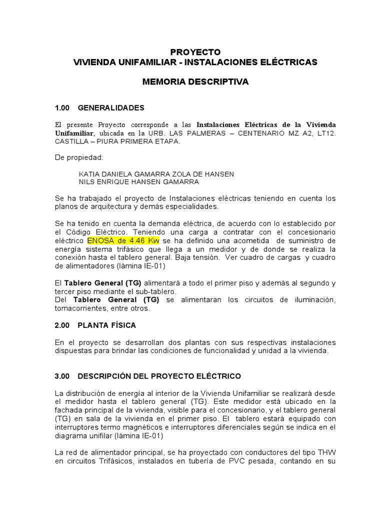 Memoria Descriptiva Instalaciones Electricas | PDF | Fuerza | Ingenieria Eléctrica