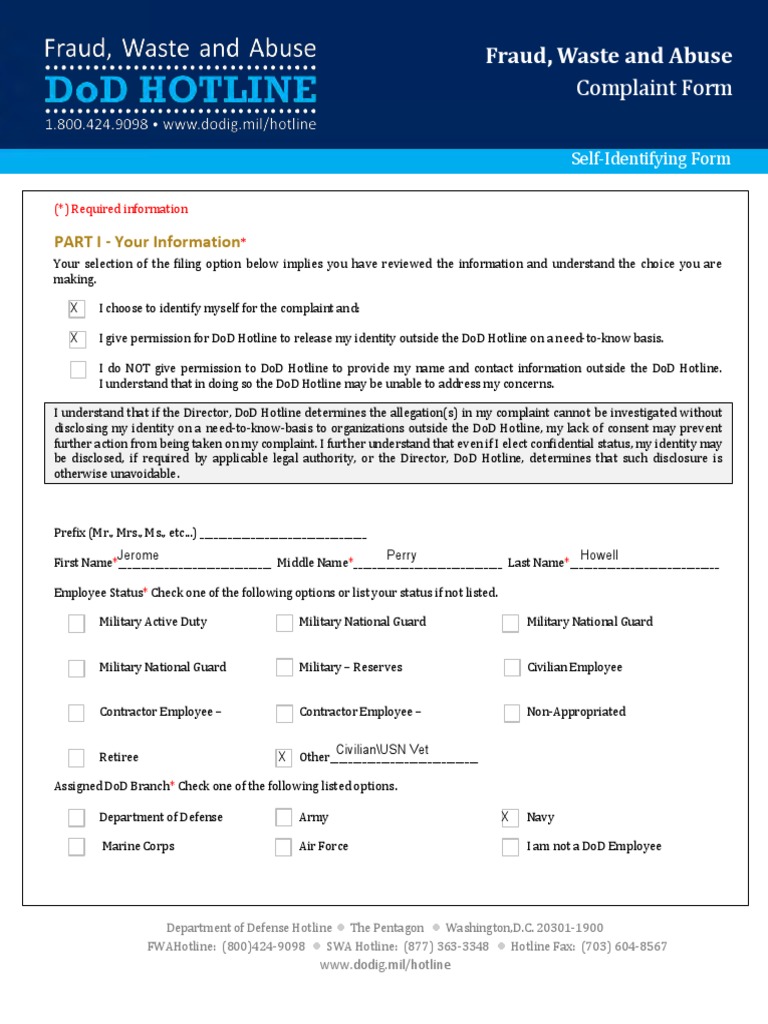 Hotline Complaint Form Self | PDF | United States Department Of Defense ...