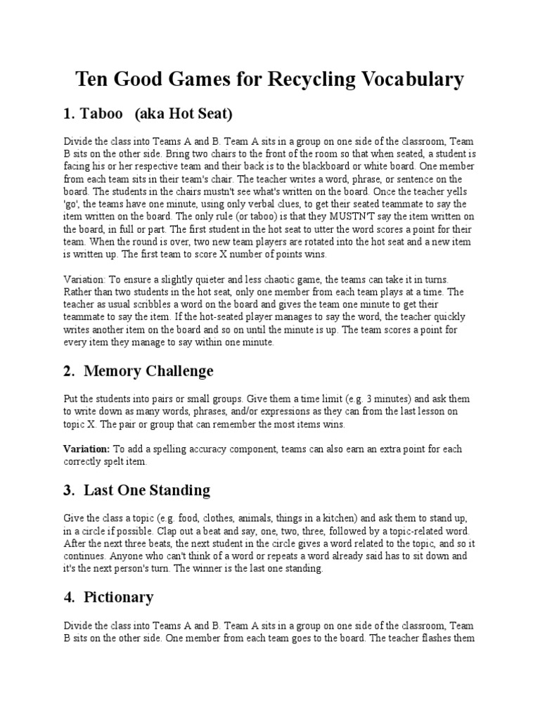 Ten Good Games For Recycling Vocabulary: 1. Taboo (Aka Hot Seat) | PDF ...