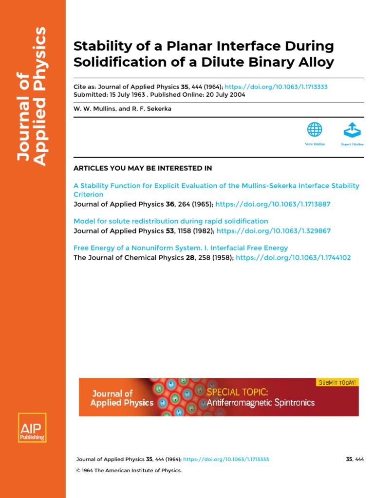 Stability of A Planar Interface During Solidification of A Dilute Binary Alloy PDF | PDF ...