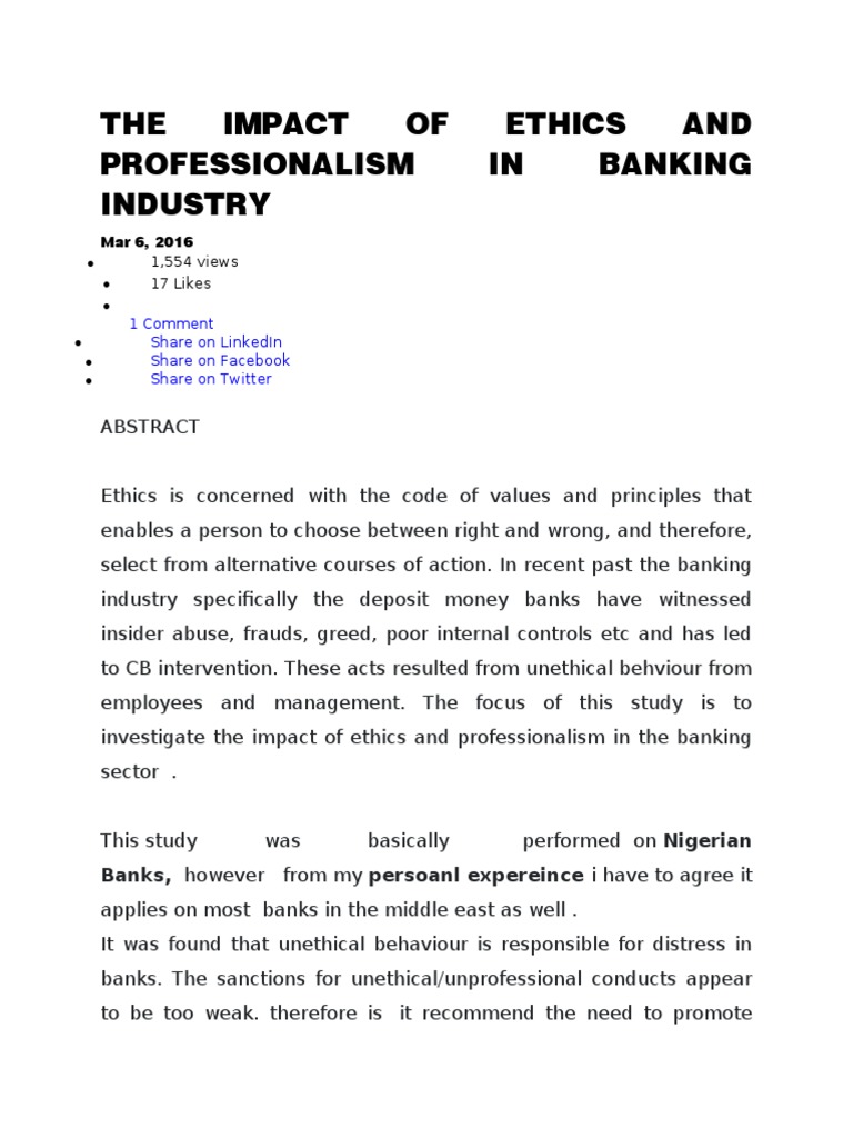 The Impact of Ethics and Professionalism in Banking Industry | PDF ...