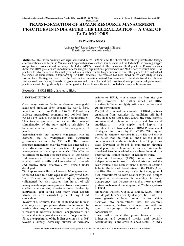 Transformation of Human Resource Management Practices in India After ...