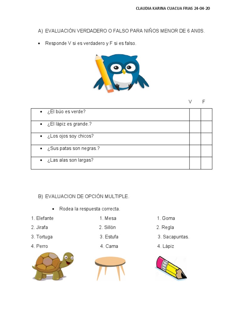 Evaluación Verdadero o Falso para Niños Menor de 6 An0s | PDF
