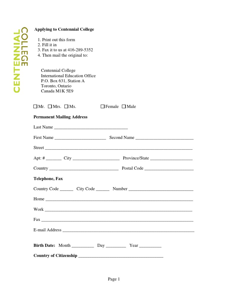 Centennial College Application Form | PDF | Mail | Fax