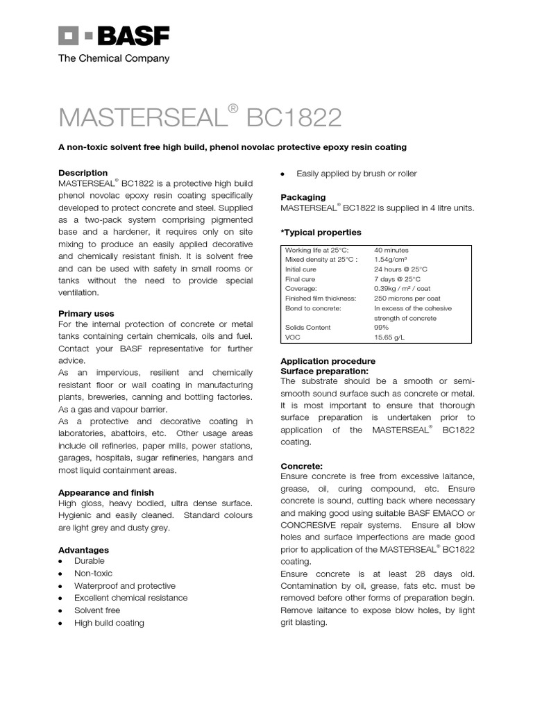 Masterseal BC1822: A Non-Toxic Solvent Free High Build, Phenol Novolac ...