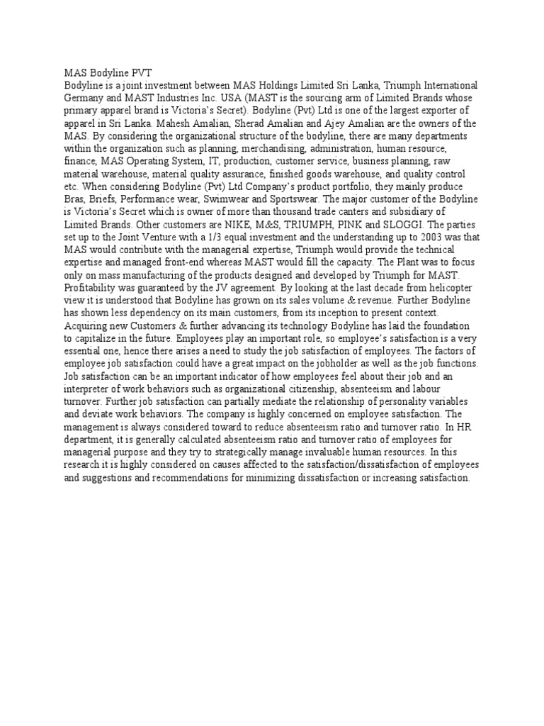 MAS Bodyline PVT | PDF | Job Satisfaction | Employment