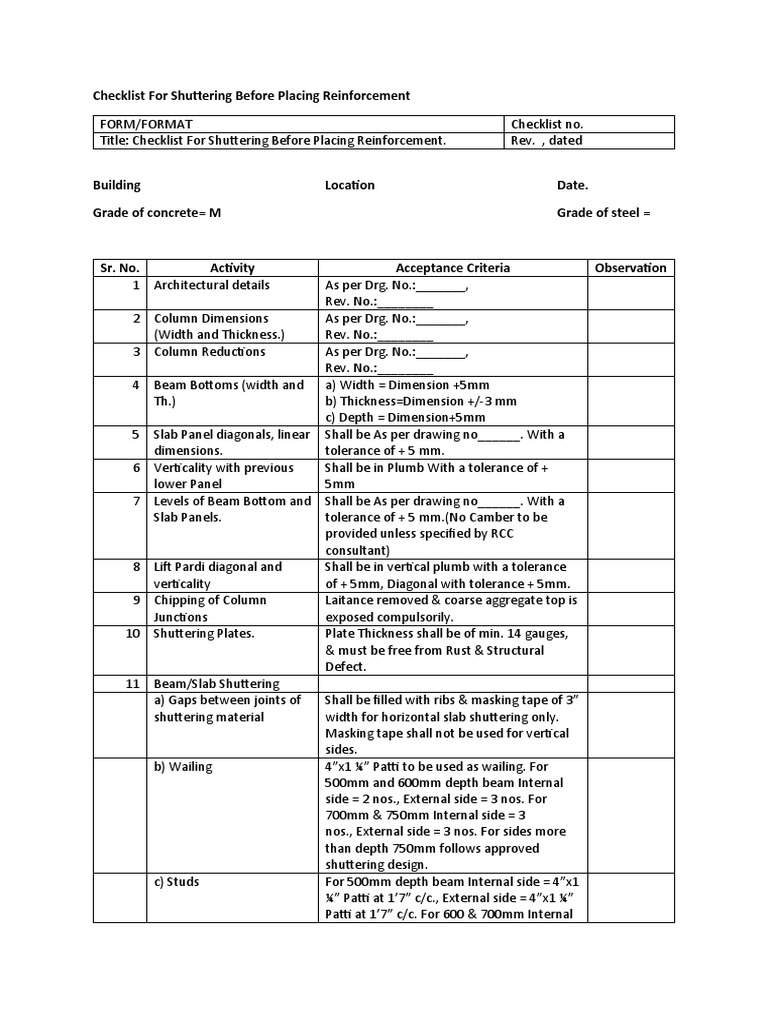 Shuttering Checklist for Reinforcement | PDF | Engineering Tolerance ...