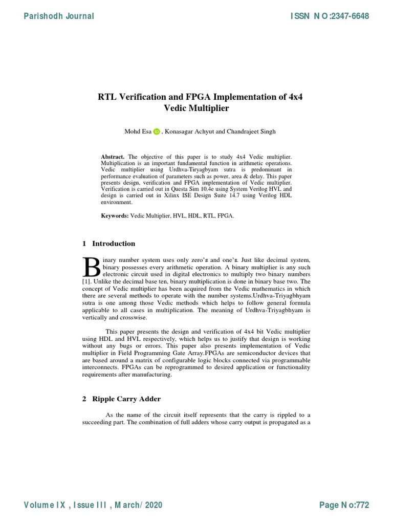 RTL Verification and FPGA Implementation of Vedic Multiplier. | PDF | Field Programmable Gate ...