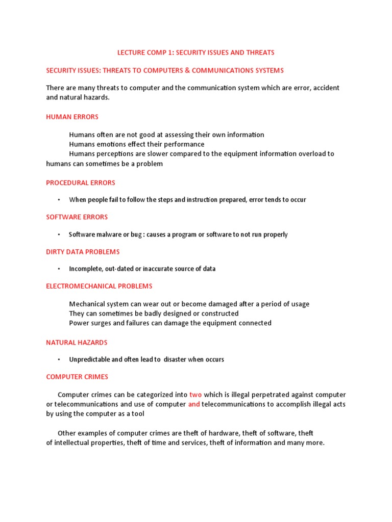 Lecture Comp 1 Security Issues And Threats Security Issues Threats To