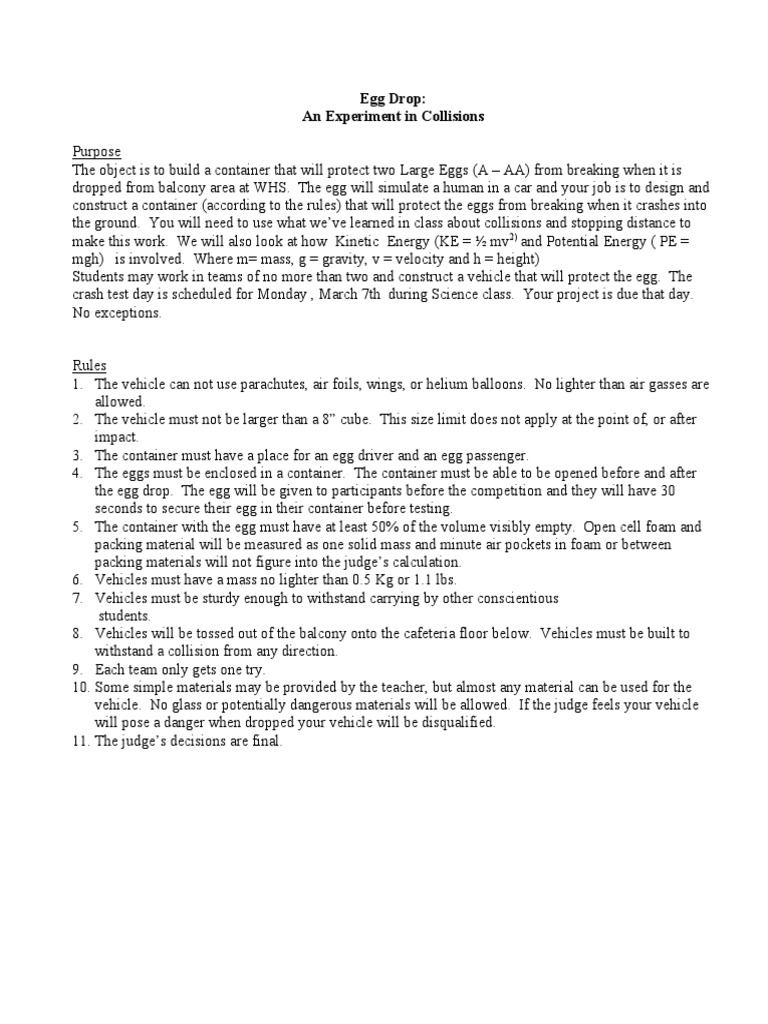 Egg Drop Lab | PDF | Potential Energy | Mass