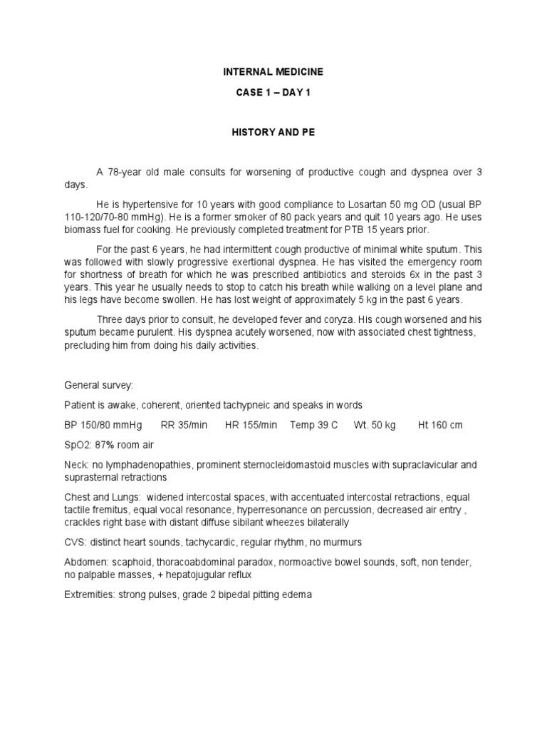 Internal Medicine Case 1 - Day 1 | PDF