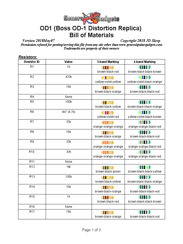 OD1 (Boss OD-1 Distortion Replica) Bill of Materials: Trademarks Are ...