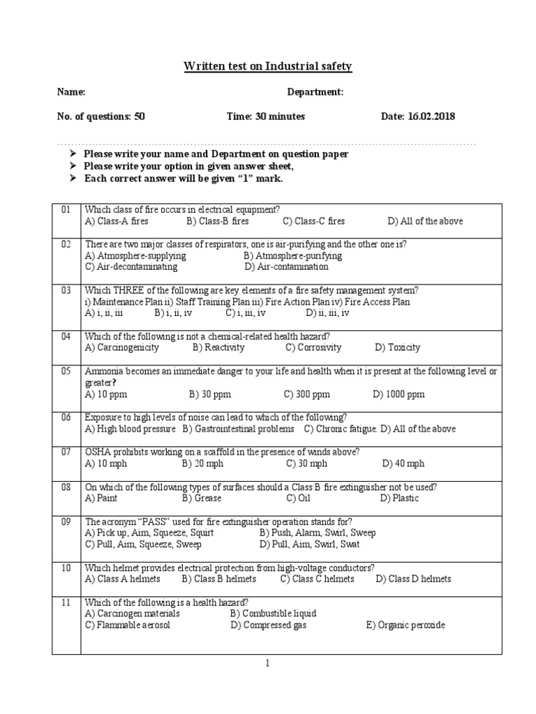 Written Test On Industrial Safety | PDF | Hazards | Prevention